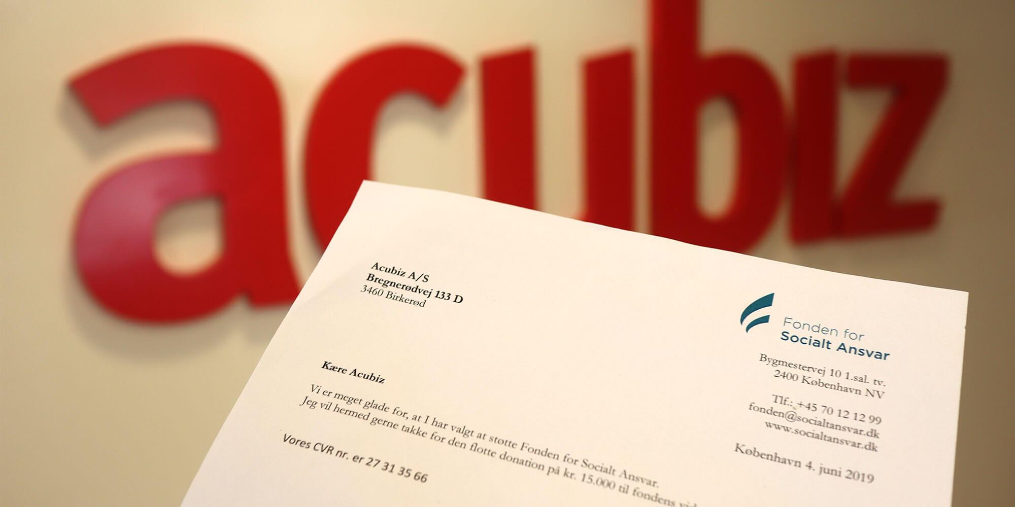 Acubiz donerer 15.000 kr. til Fonden for Socialt Ansvar | Acubiz